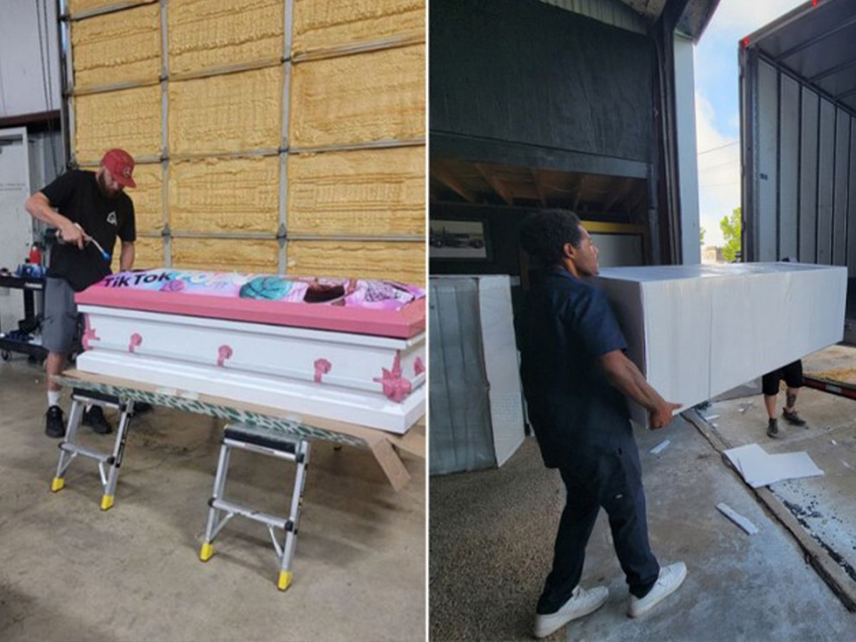 Customized caskets featuring basketballs, Pokemon and the TikTok logo ...