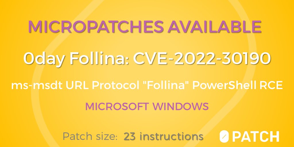 0patch on Twitter: "Free Micropatches For "Follina" Microsoft Diagnostic Tool Remote Code ...