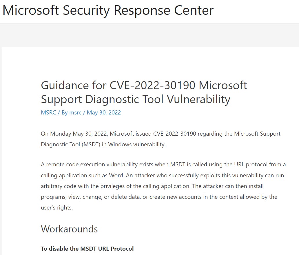 Blackstorm Security on Twitter: "Guidance for CVE-2022-30190 Microsoft Support Diagnostic Tool ...