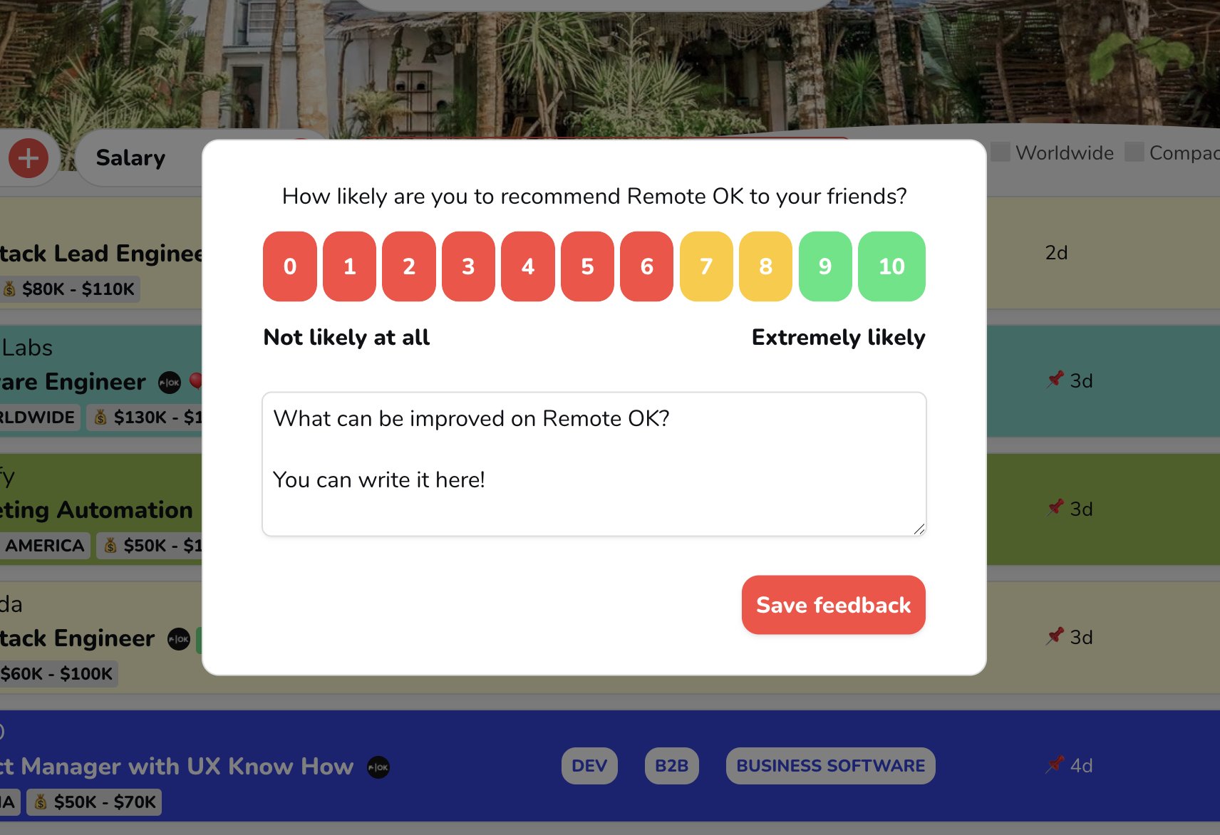 @levelsio on Twitter: "Added rating collector to Remote OK too! https://t.co/SvNS5Zlqam" / Twitter