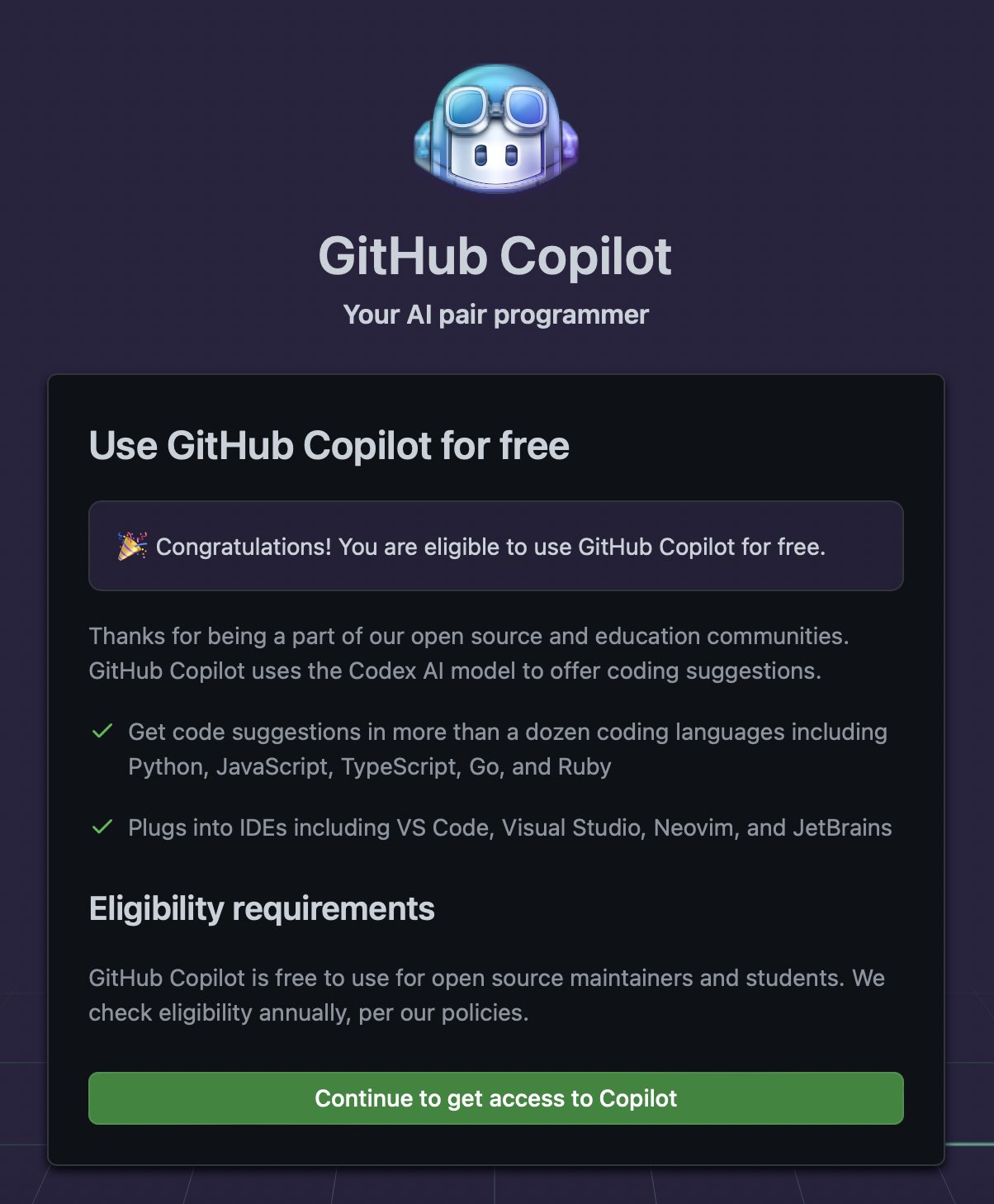 Bugen Zhao on Twitter: "看着大家都能白嫖 Copilot 羡慕了一整天，刚刚点进去才发现咱也可以嫖！ 🥵🥵🥵 https://t.co/IDnXmLzJGq ...