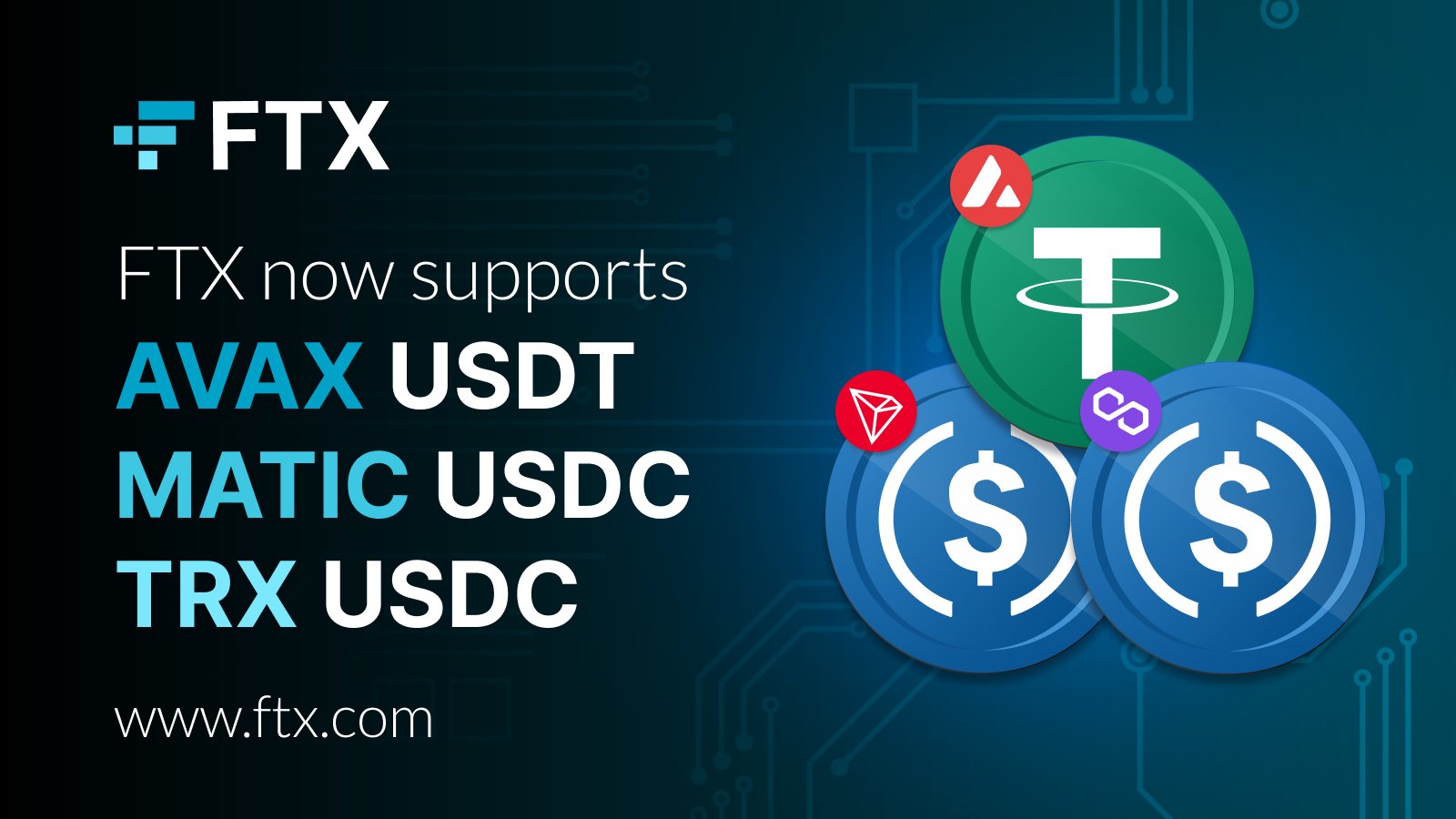 FTX on Twitter: "FTX now supports AVAX USDT, MATIC USDC, and TRX USDC! Details: https://t.co ...