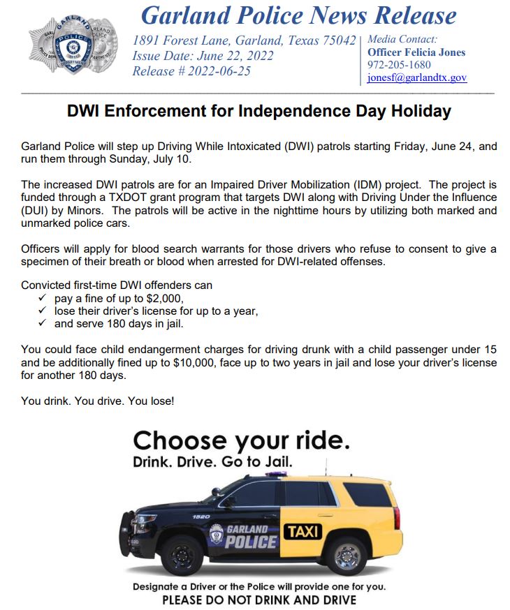Garland Police Pio On Twitter Dwi Enforcement For Independence Day
