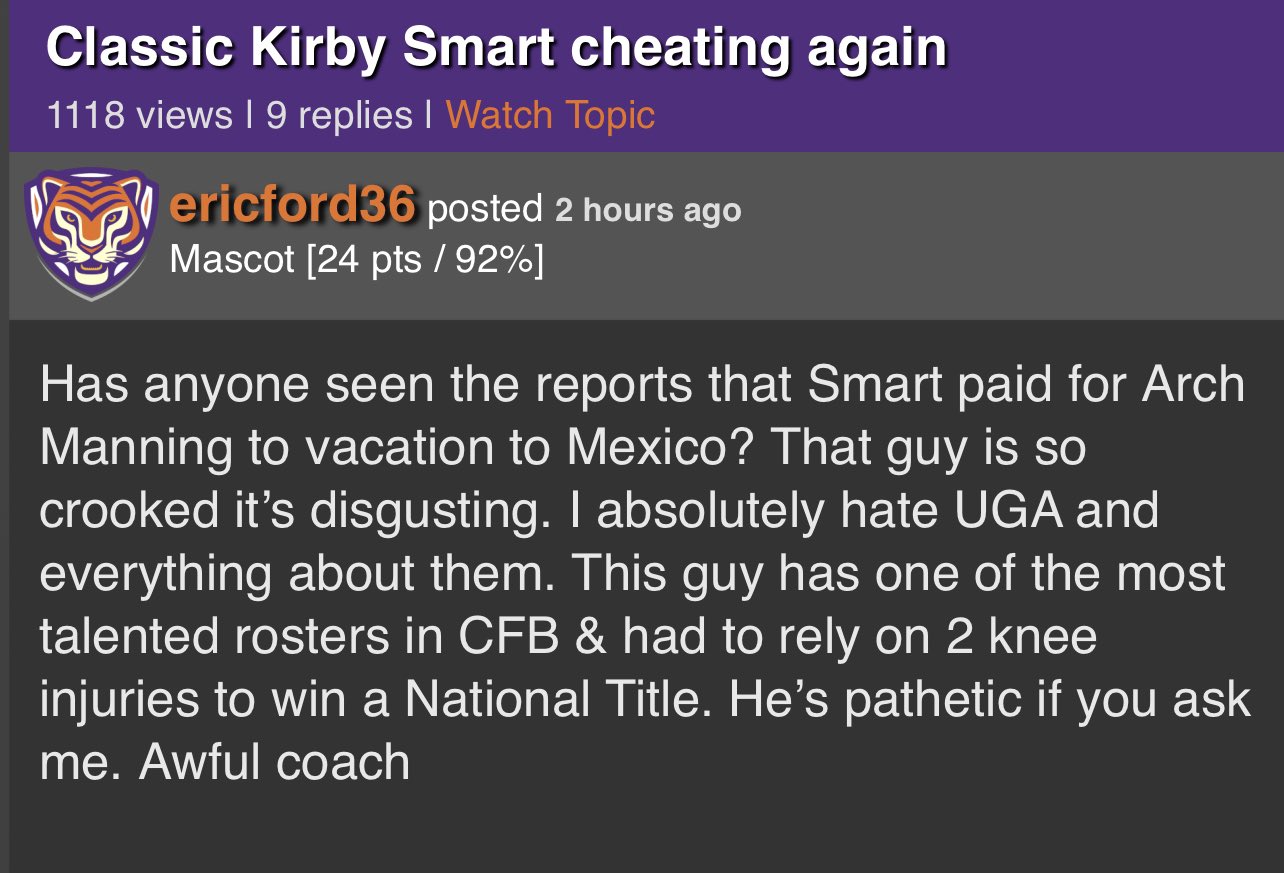 Message Board Geniuses on Twitter: "#Clemson fans are sick of that crooked, cheater Kirby Smart ...