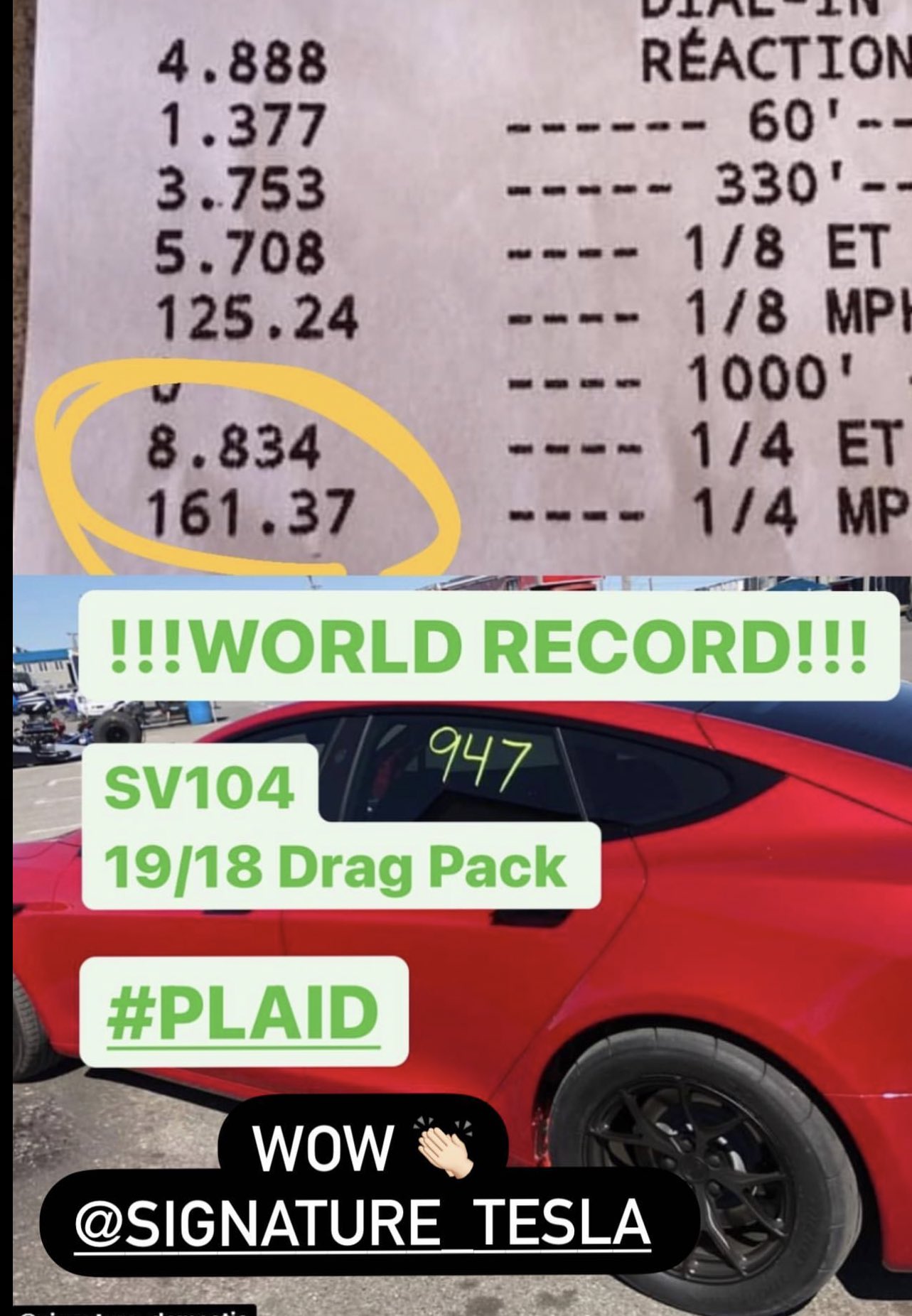 Zack on X Model S Plaid just set another 1 4 mile record This time it did 8.8 seconds at 161.3mph Tesla elonmusk https t YJKKhiHI1S X