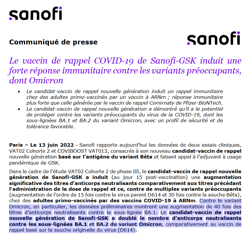 Nicolas Berrod on Twitter: "Des nouvelles du candidat-vaccin Sanofi-GSK, basé sur le variant ...
