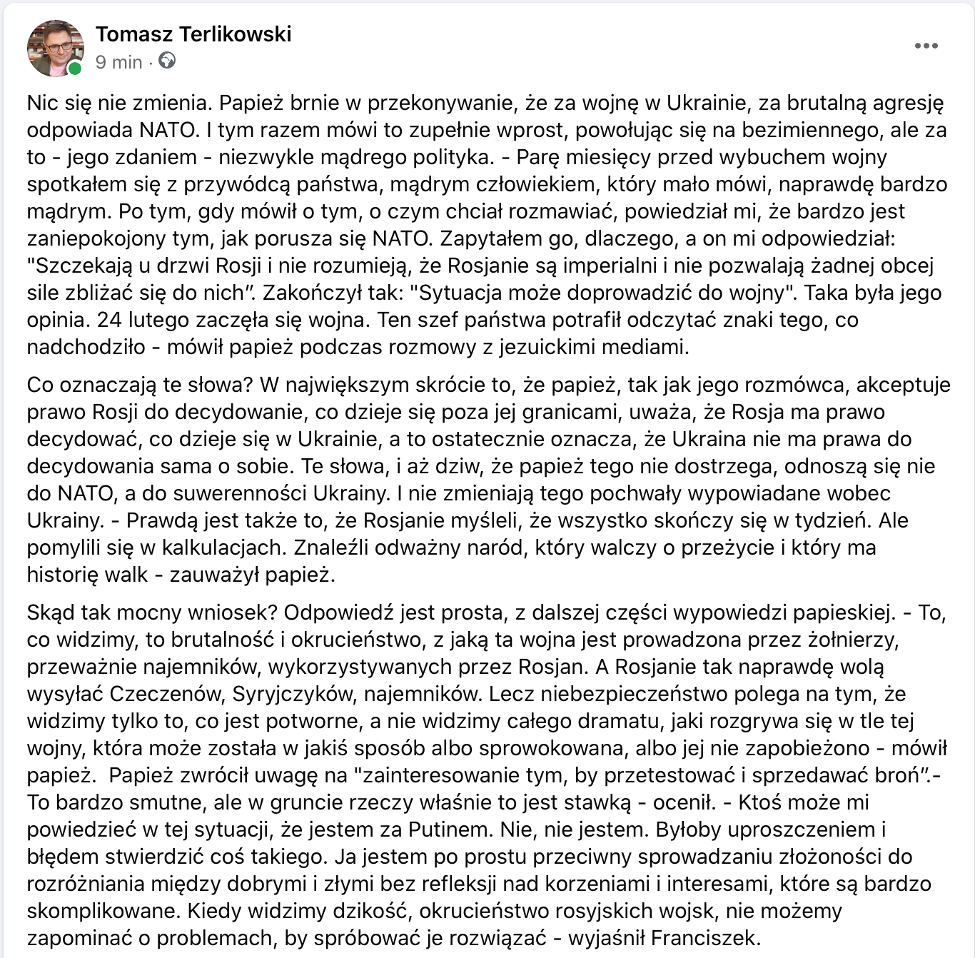 Tomasz Terlikowski on Twitter: "Nic się nie zmienia. Papież brnie w przekonywanie, że za wojnę w ...