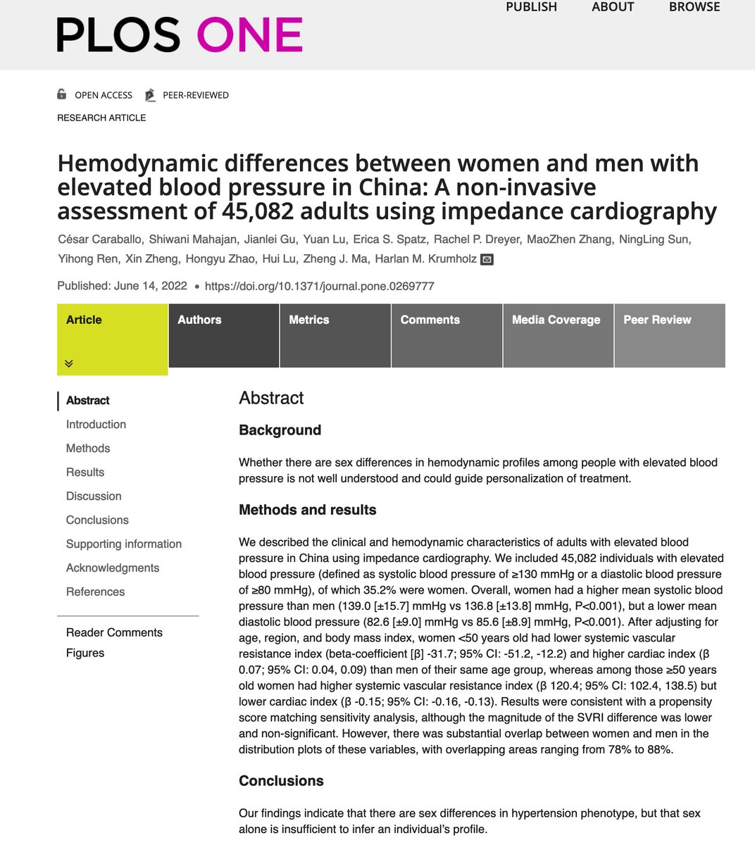 Harlan Krumholz on Twitter: "Excited by our new paper @PLOSONE - focusing on sex differences in ...