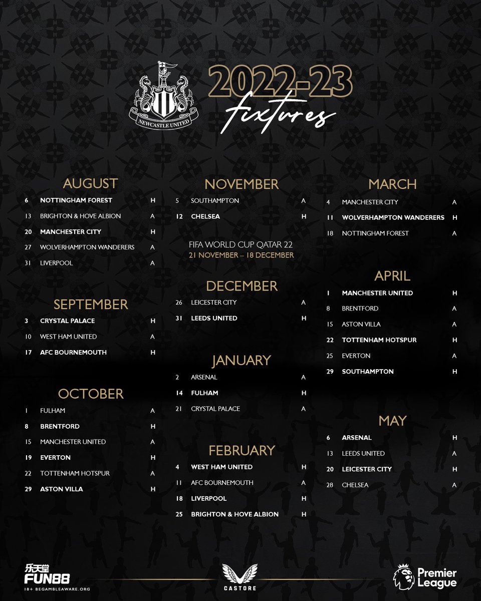 Newcastle United FC Premier League Fixtures 2022/23 : r/NUFC
