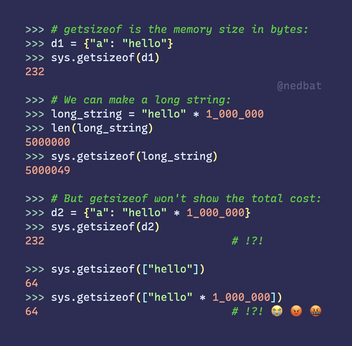 Ned Batchelder on Twitter: "sys.getsizeof() sounds great: the size of an object in memory. But ...