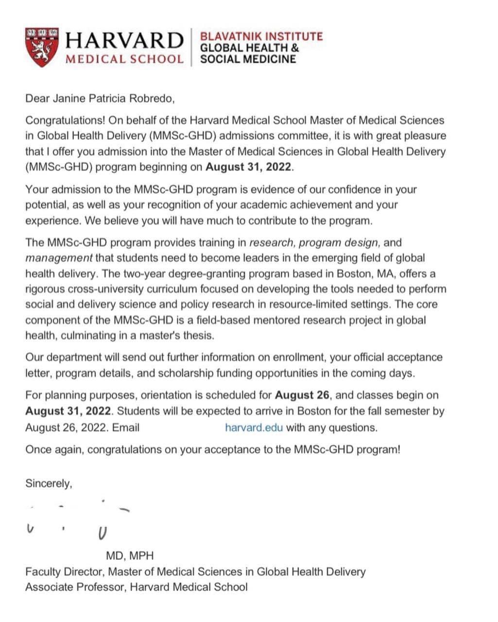 College Acceptance Letter Harvard