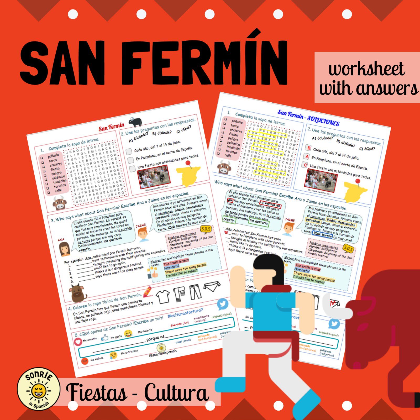 sonrieinspanish on Twitter: "7 de julio, ¡San Fermín! 🐂 Worksheet with ...