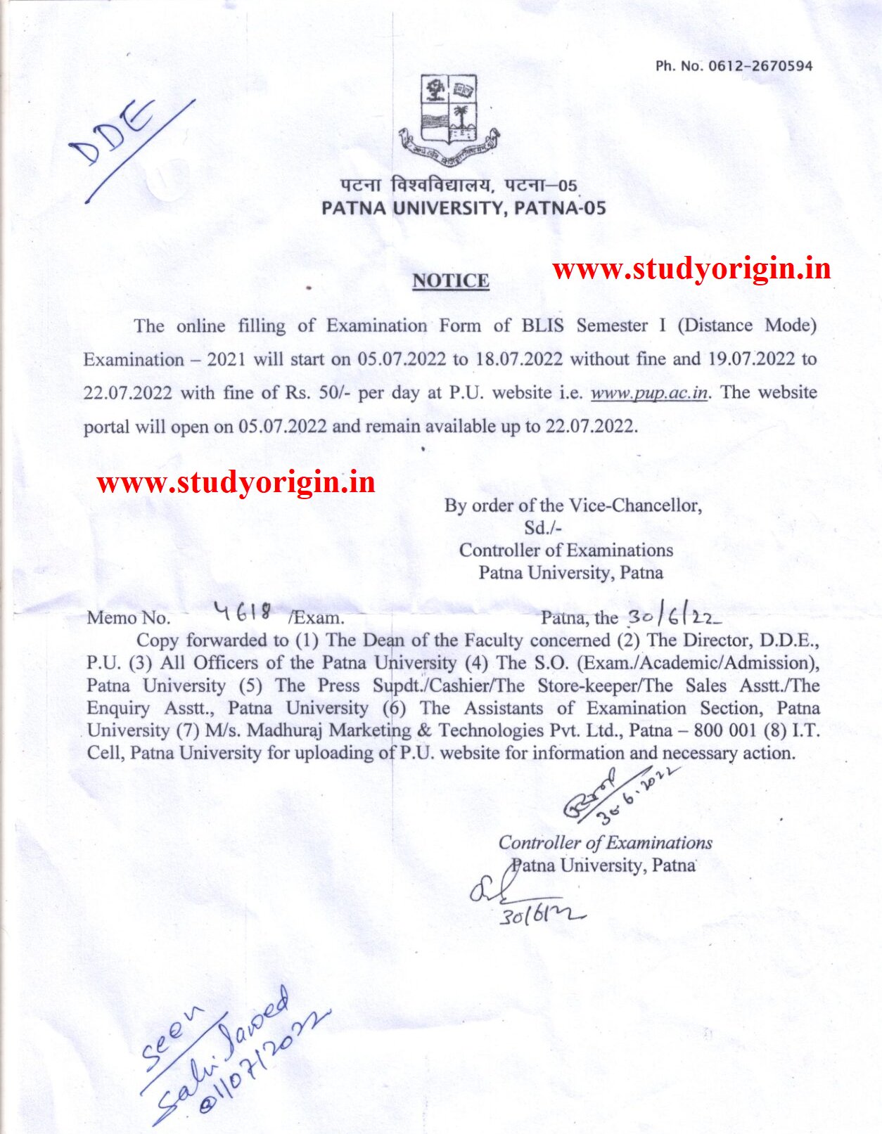 Study Origin on Twitter: "Patna University DDE BLIS 1st Semester Exam Form 2022 - Last Date ...