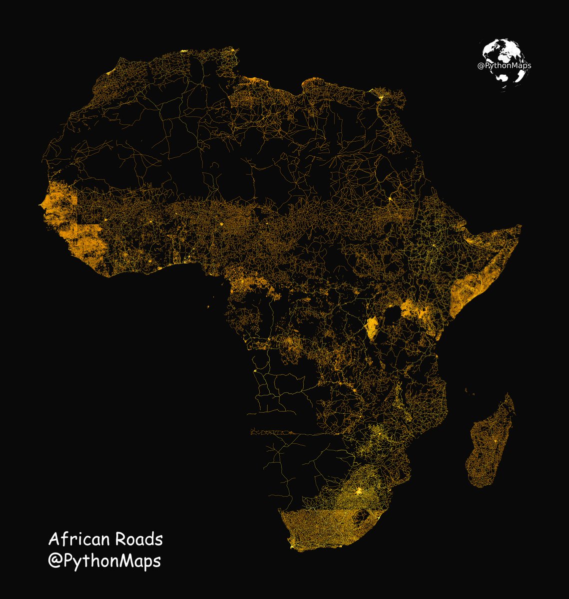 Python Maps On Twitter Rt Pythonmaps Roads Of Africa Shows All Roads From Highways Down To