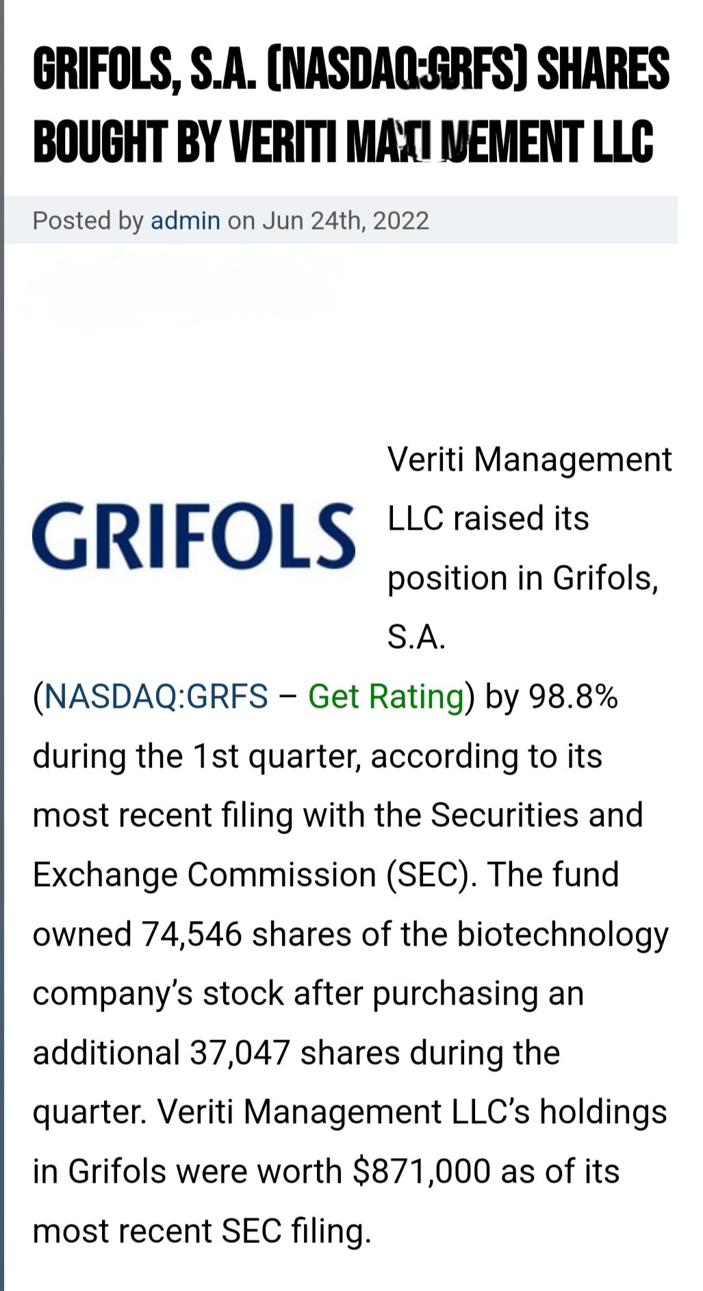 Pharma Jonpi . on Twitter: "#Grifols, S.A. (#NASDAQ:#GRFS) Shares Bought by Veriti Management ...