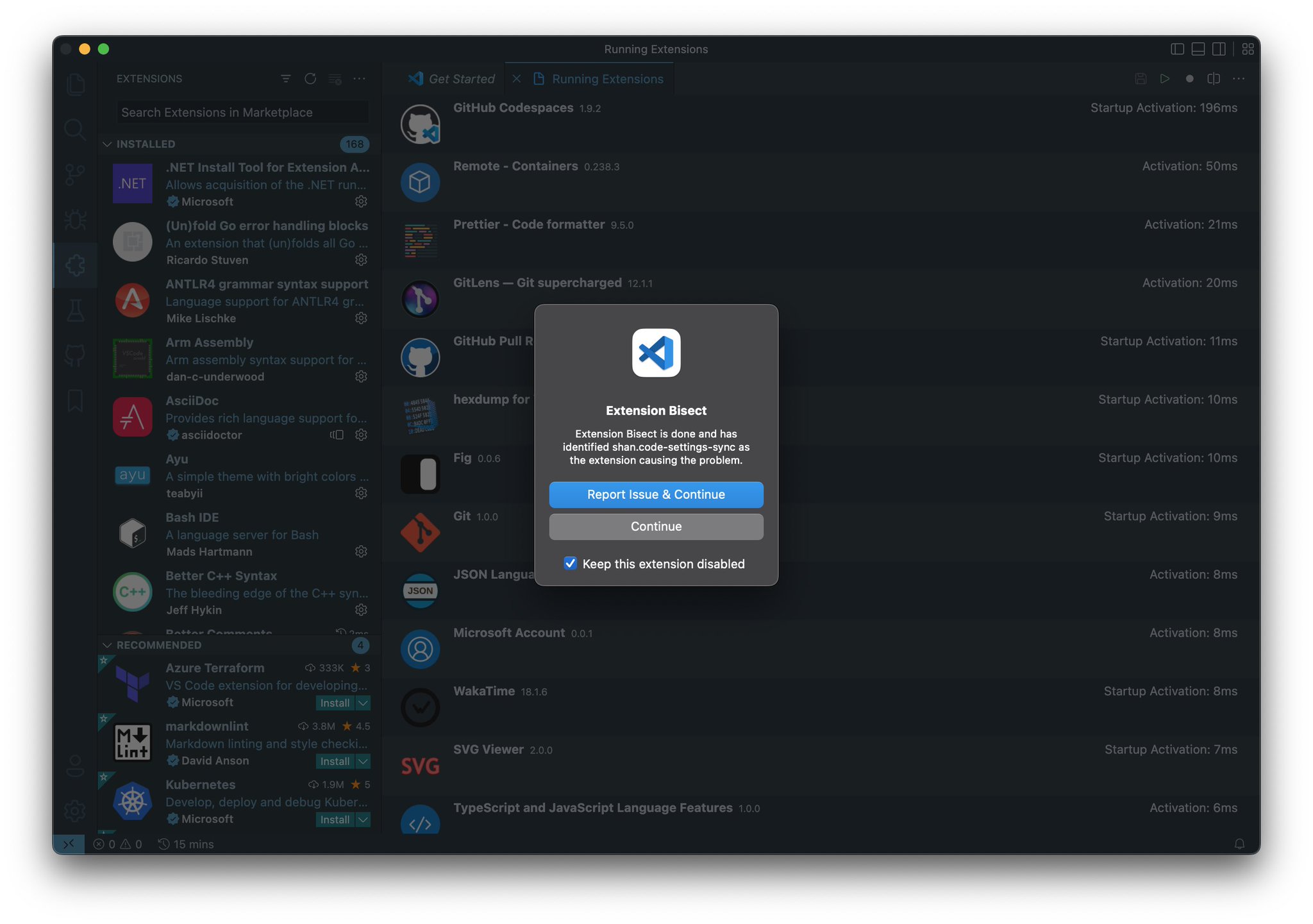 Bugen Zhao on Twitter: "VS Code Extension Bisect 功能在 8 次点击中定位到了空耗我几个月 CPU 的罪魁祸首 🤣🤣 值得推荐 https ...