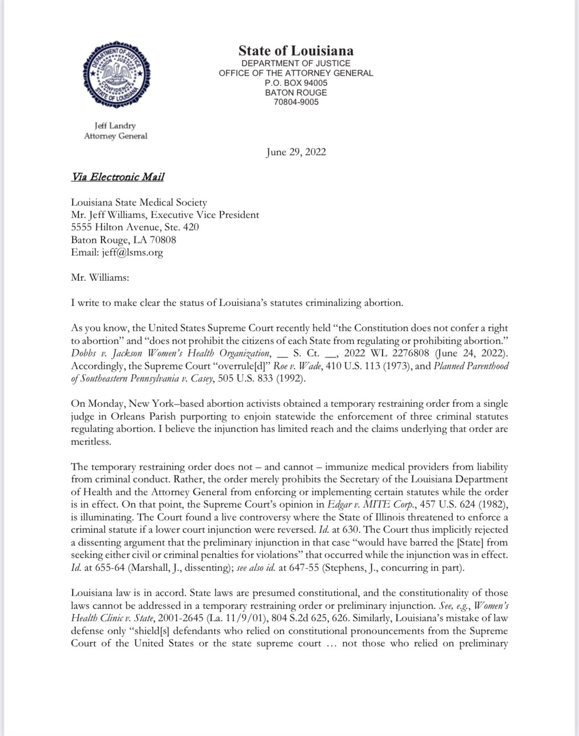AG Jeff Landry on Twitter: "Today I wrote a letter to the @LaMedSoc ...