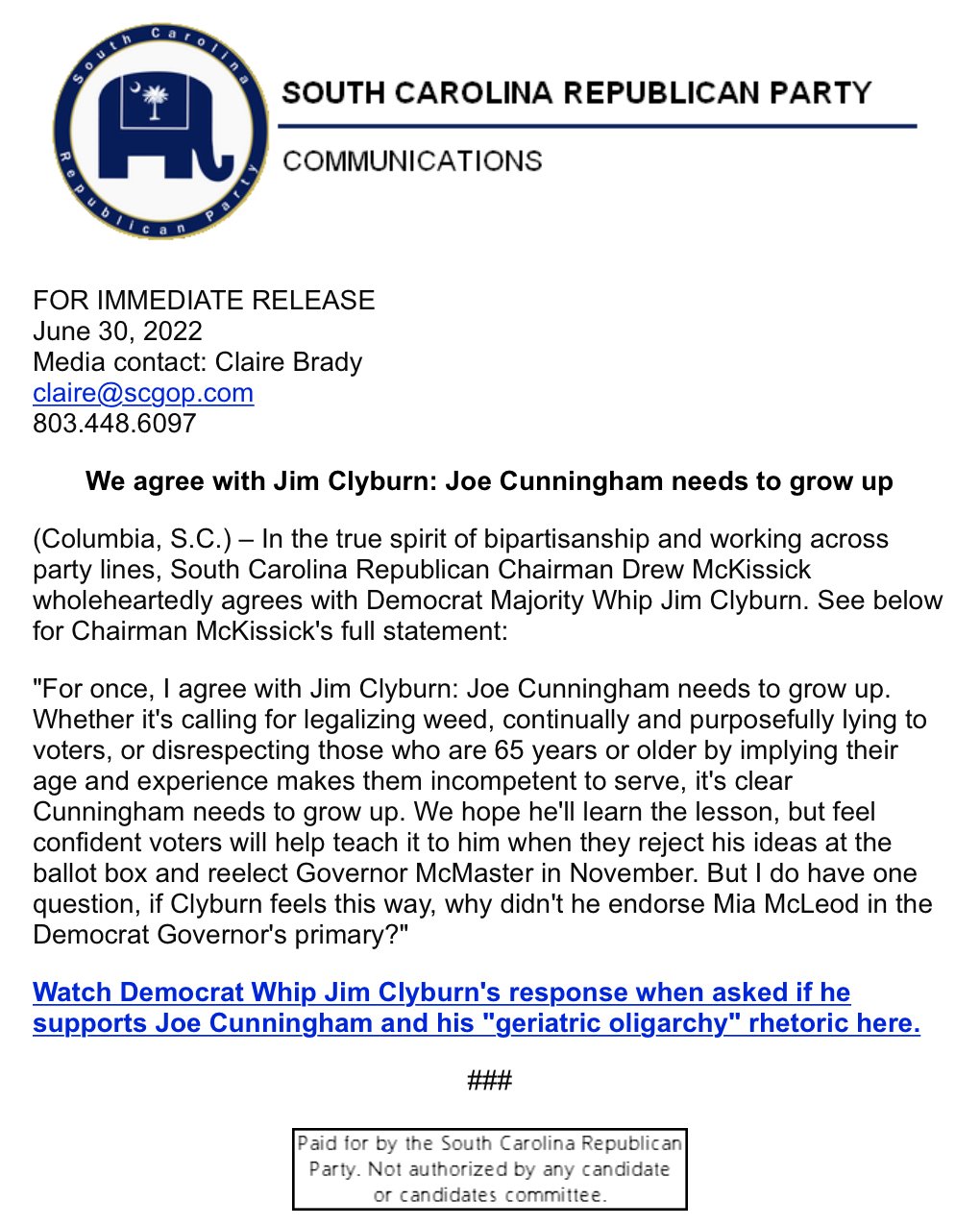 South Carolina Republican Party on Twitter: "STATEMENT: Chairman @DrewMcKissick agrees with ...