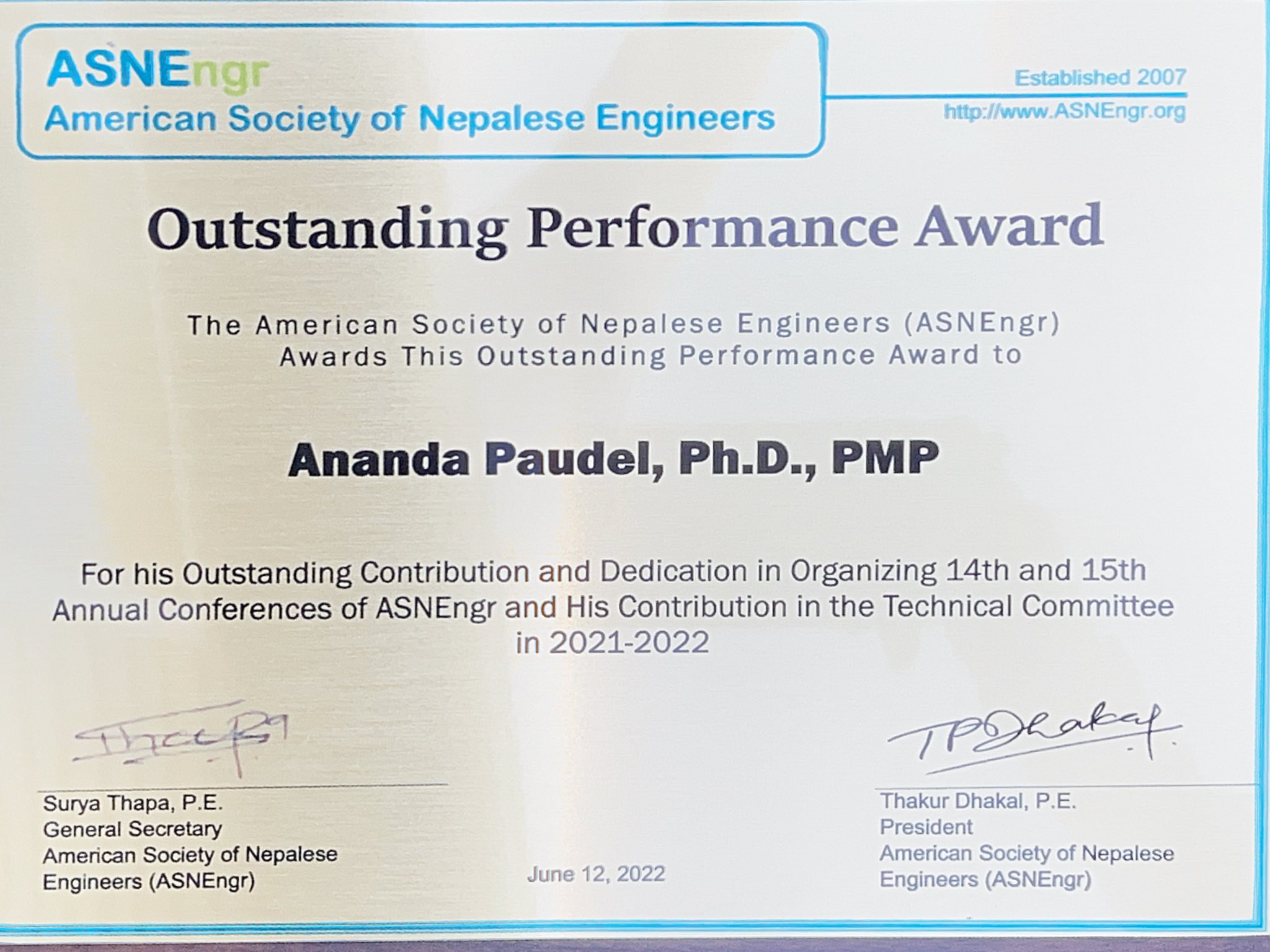 Outstanding Performance Certificate
