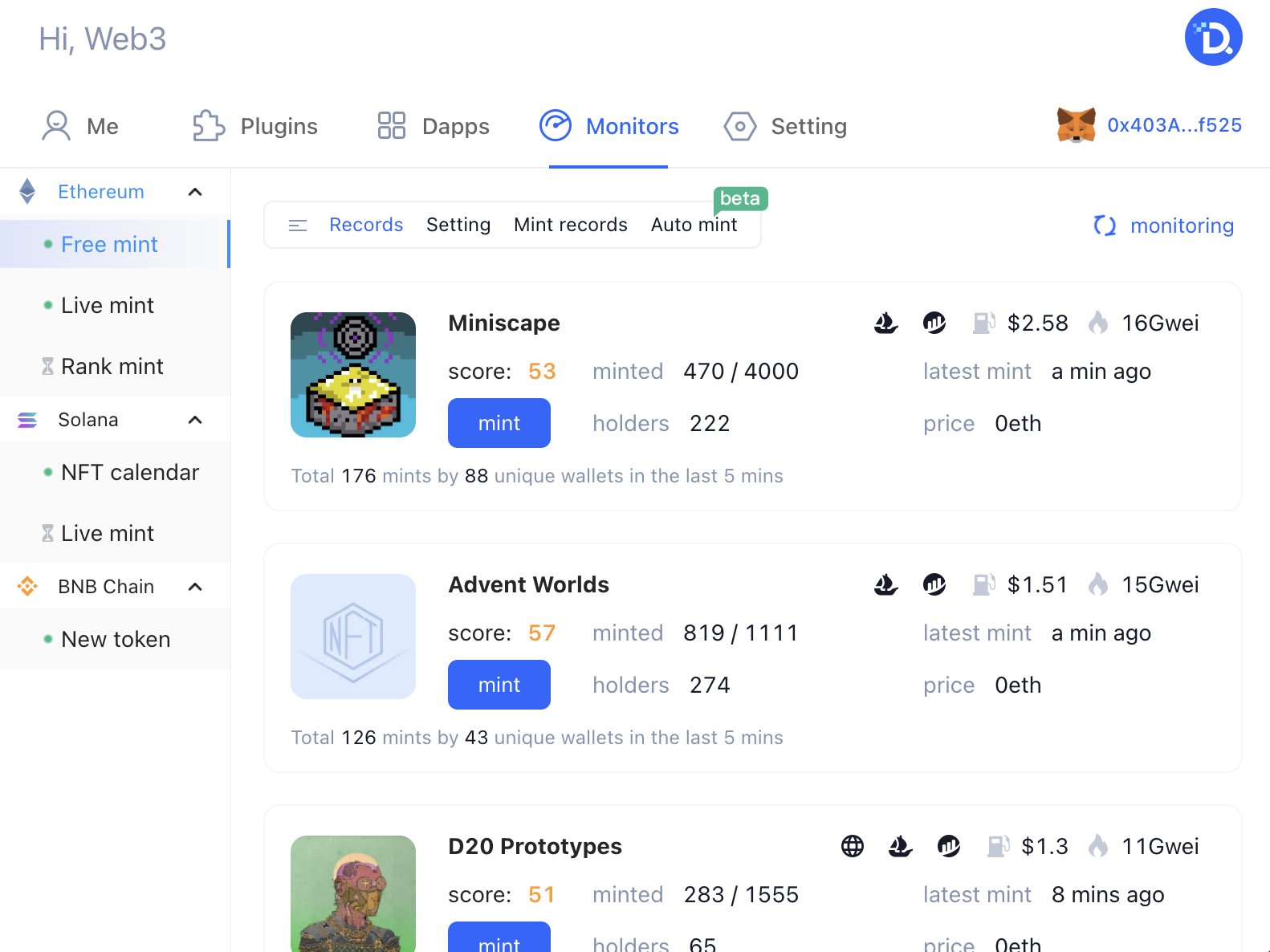 0x_hash on Twitter: "介绍一个最新的但是很实用的 #NFT 监控 #mint 工具 #Dtools ，第一时间发现在mint的项目，尤其是Free mint的项。个人觉得 ...