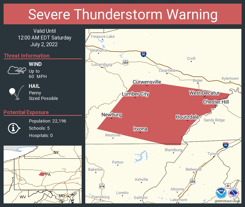 NWS State College on Twitter: "Severe Thunderstorm Warning including Curwensville PA, Chester ...