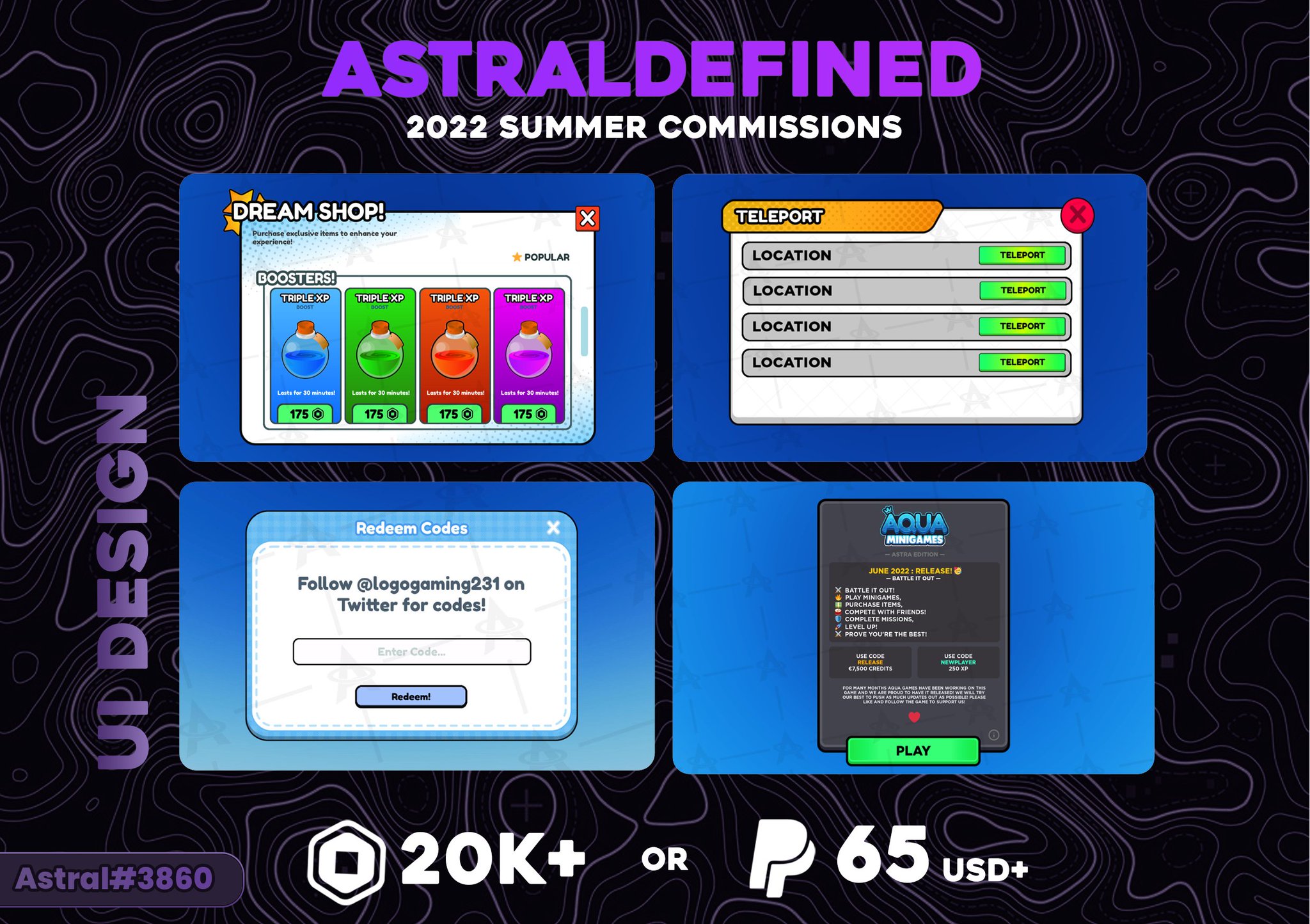 Astral on Twitter: "⭐️ Summer 2022 UI Commissions Open! 💵 20,000R$ - 100,000R$ 💶 Robux or USD 📨 ...