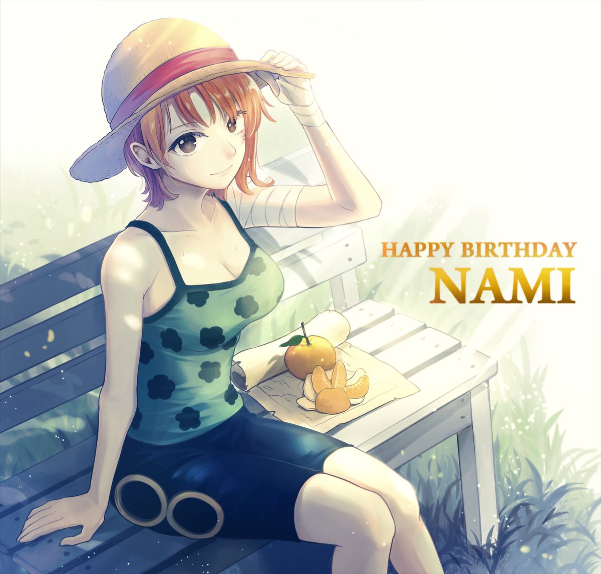 nami (one piece) 1girl hat breasts solo fruit sitting food illustration ...