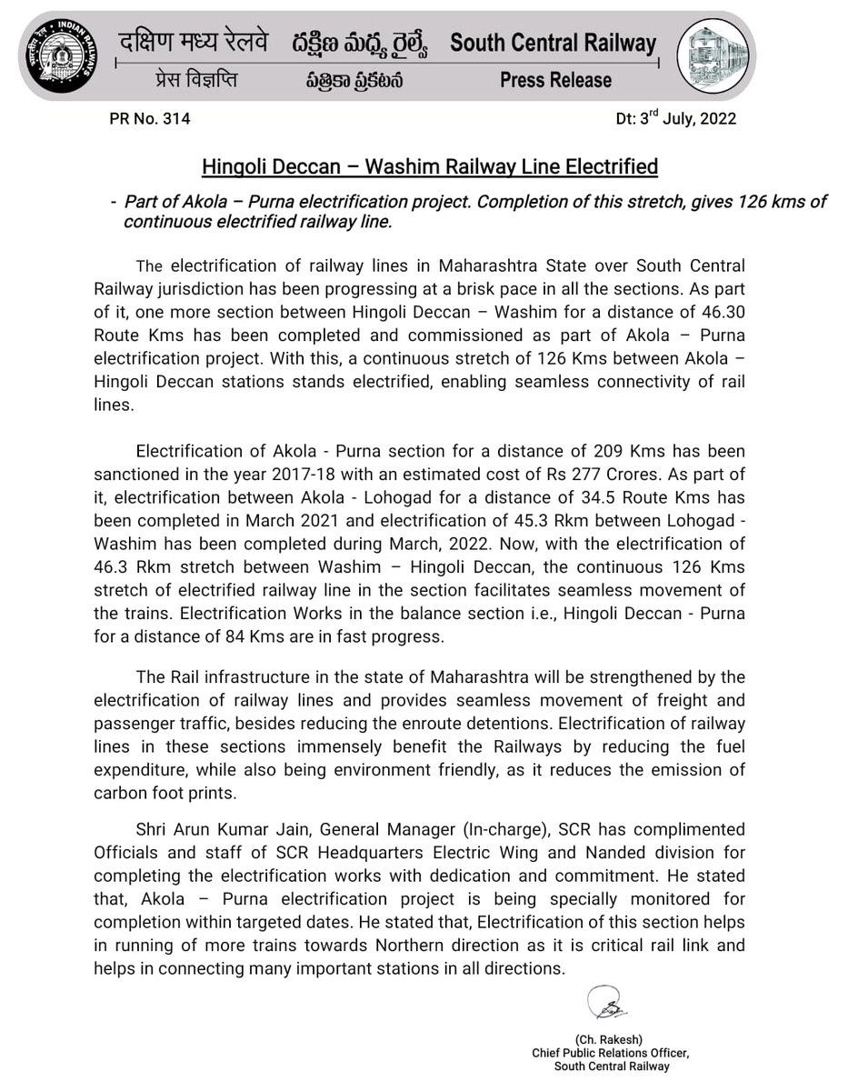 South Central Railway on Twitter: "Hingoli Deccan – Washim Railway Line #Electrified - Part of ...