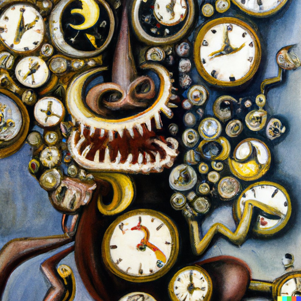 "The Time Being: an eldritch god made of clocks in impossible shapes ...
