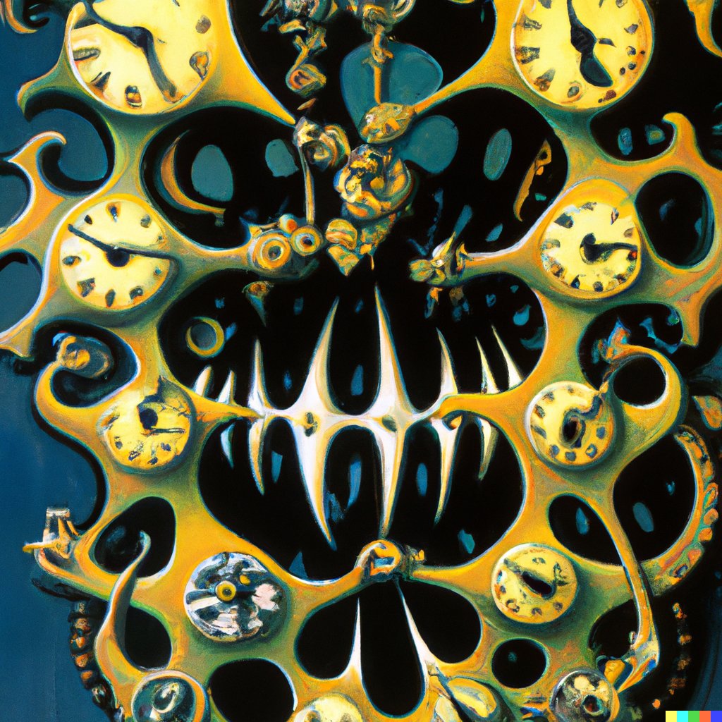 "The Time Being: an eldritch god made of clocks in impossible shapes ...