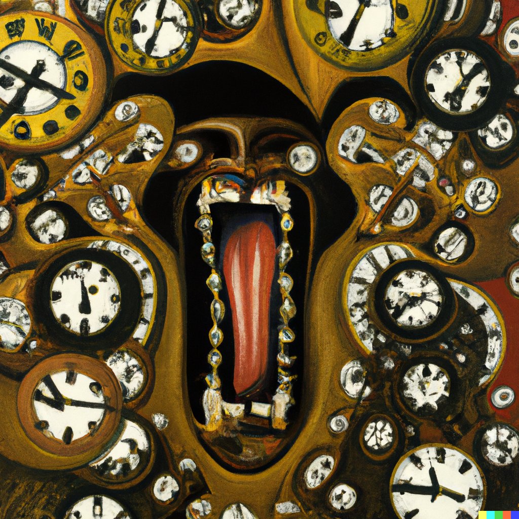"The Time Being: an eldritch god made of clocks in impossible shapes ...