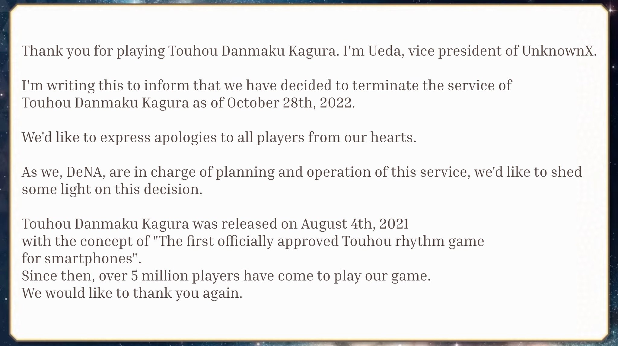 Touhou Danmaku Kagura EN on Twitter: "Here's a message from Vice President of UnknownX, Ueda ...