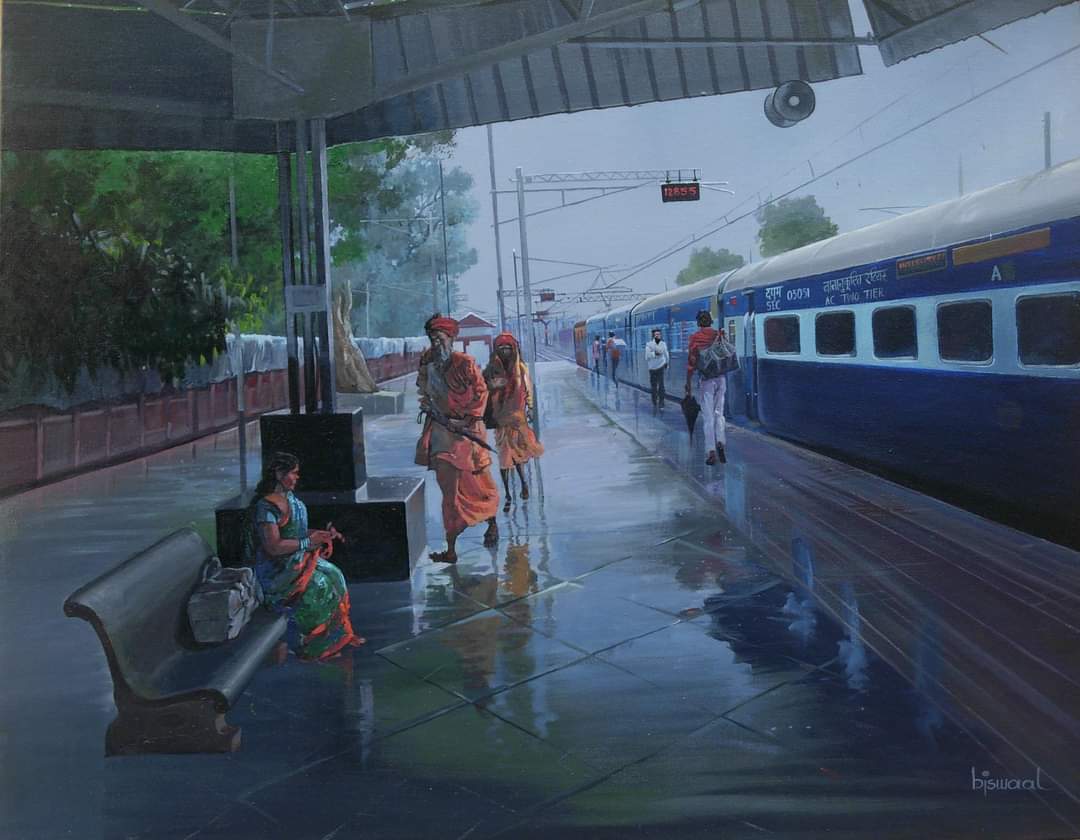 Railway Station Scene Painting