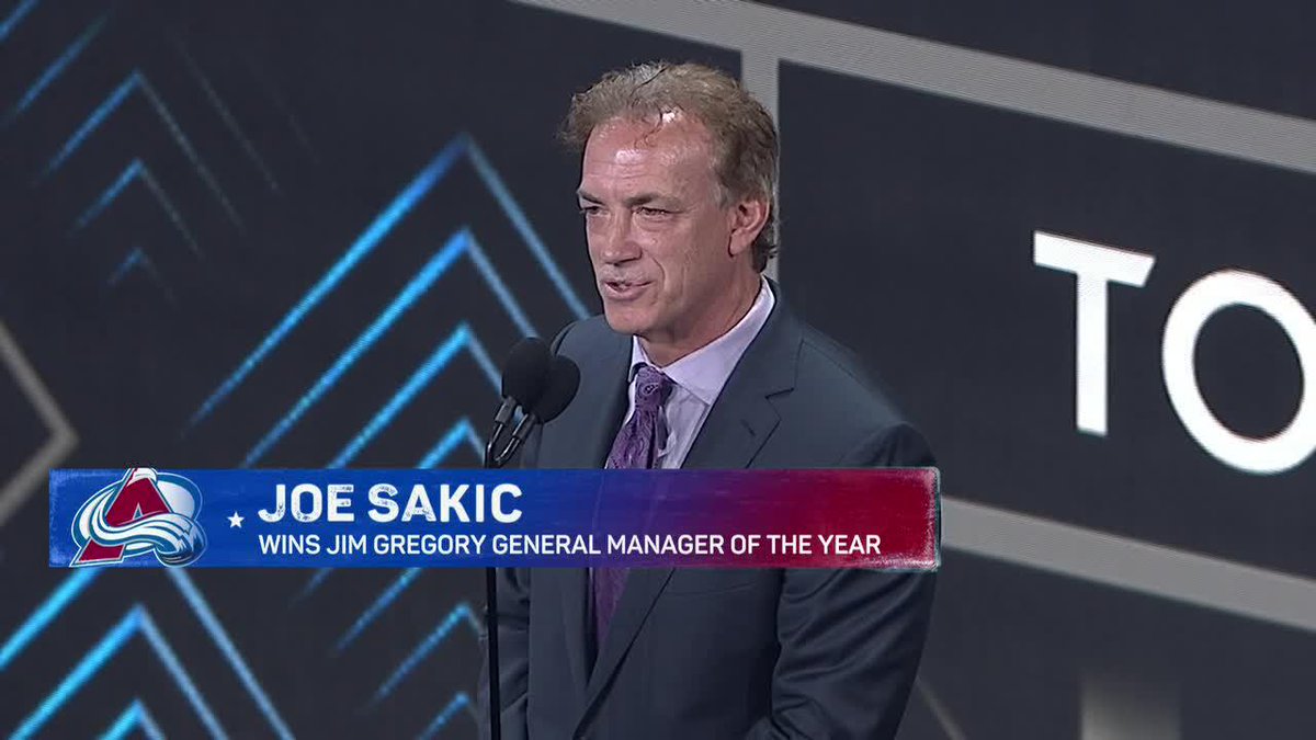 The Jim Gregory General Manager of the Year Award goes to Joe Sakic for ...