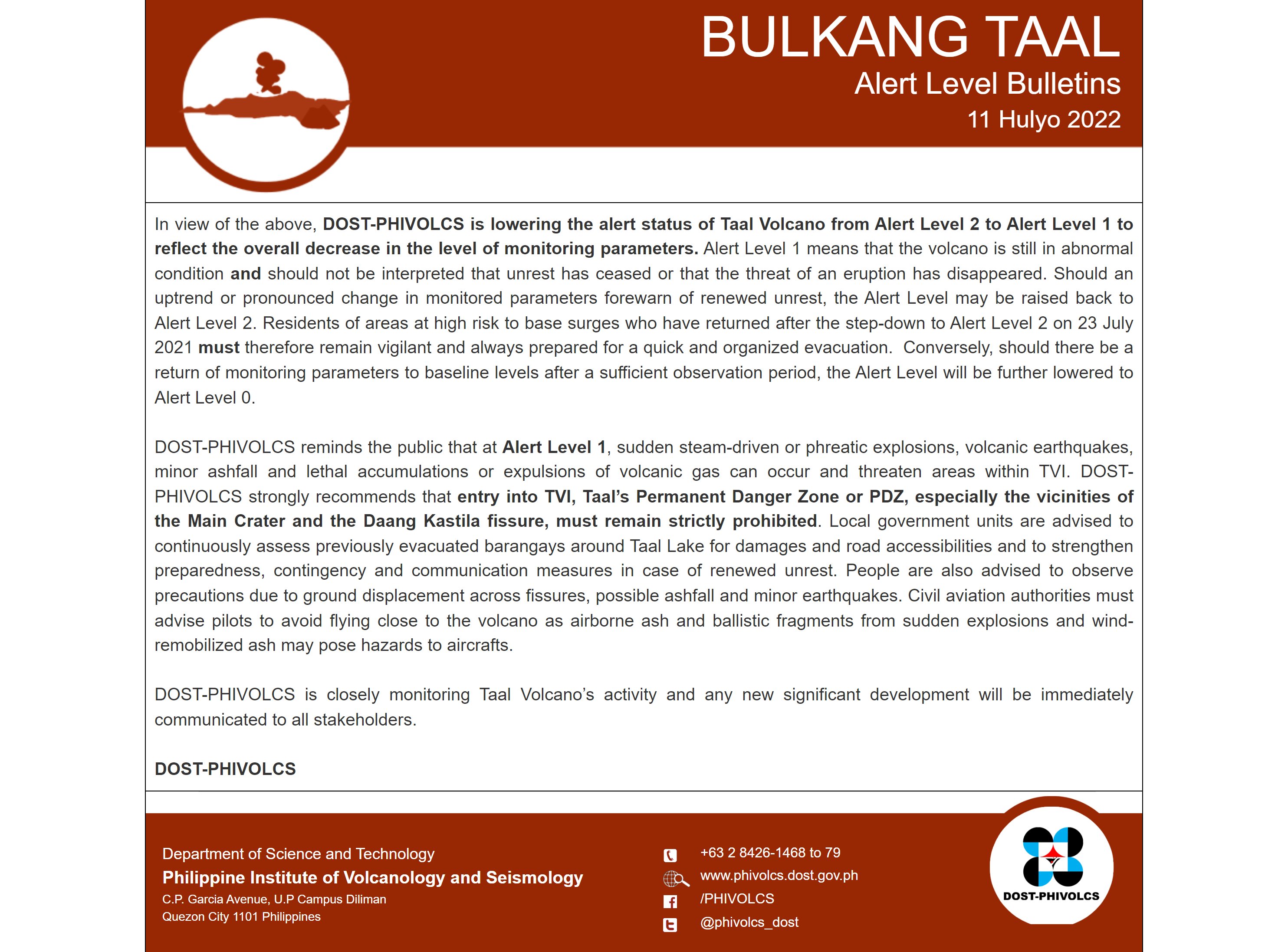 PHIVOLCS-DOST on Twitter: "TAAL VOLCANO BULLETIN 11 July 2022 8:00 AM This serves as a notice ...