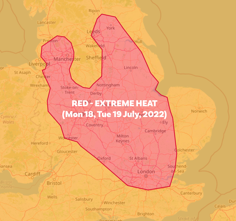 The current Met Office area identified in the 'Red warning - Extreme ...