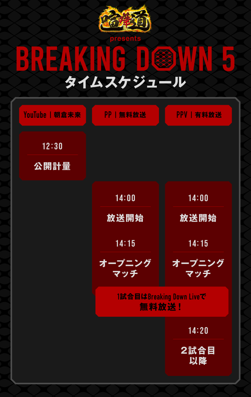 BreakingDown / ブレイキングダウン on Twitter: "／ #BreakingDown5 当日のタイムスケジュール公開🕐 \ 12:30〜 公開計量 14:00〜 放送開始 ...