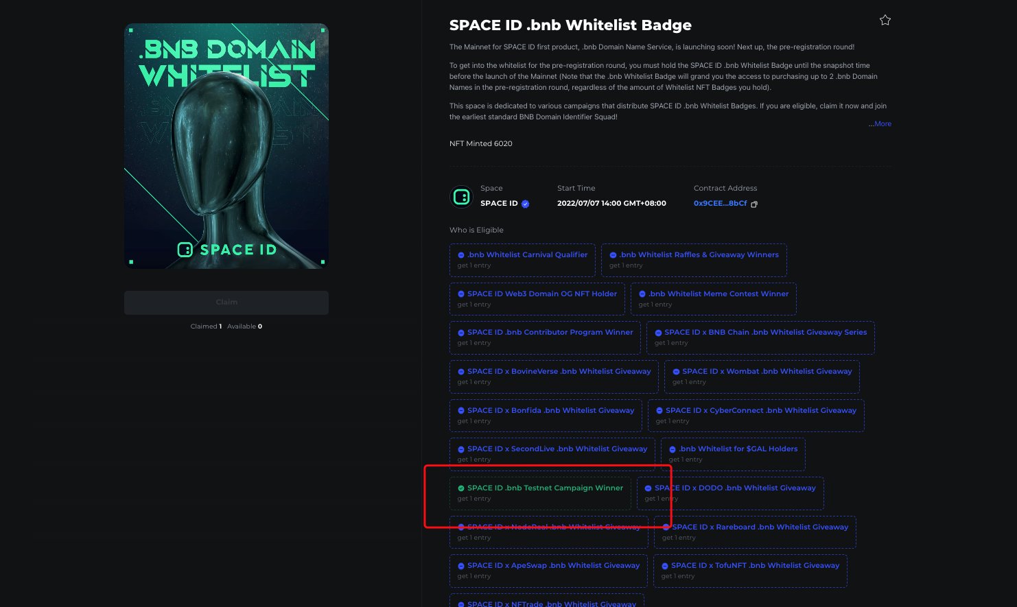 鉴叔 on Twitter: "之前做过Space ID测试网交互反馈的，记得在galaxy这个页面查一下是否有中白名单👇🏻 https://t.co/Ok0ATcr6CV 据说下周一会公布 ...