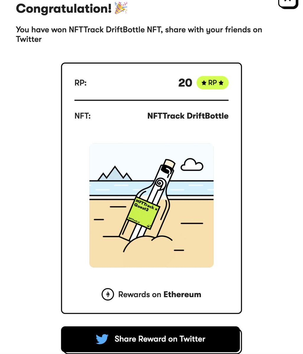 Maoli.🦊ETH on Twitter: "@NFTTrack 的活动，做完三个小任务就可以拿到纪念品 quest3的mint确实拉胯，这么低的gas还得要个4刀多 老用户了，支持一下 ...