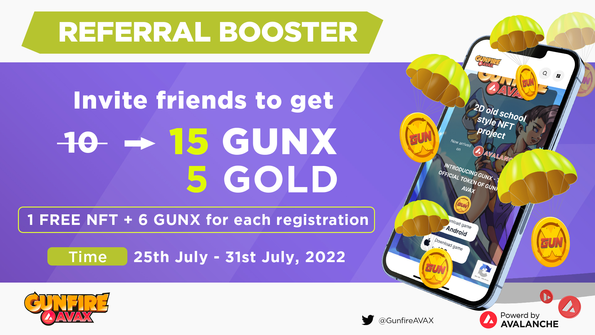 Gunfire 🔫 🔥🔺💜 on Twitter: "📣Referral Booster: Increase 150% GUNX received July will be wrapped ...