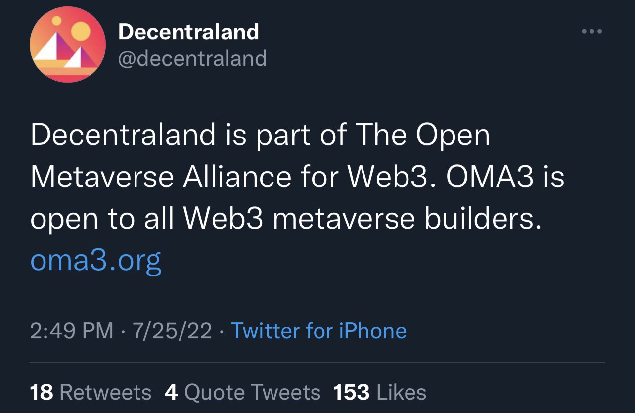 Morgan on Twitter: "Decentraland just announced that they joined the Open Metaverse Alliance ...