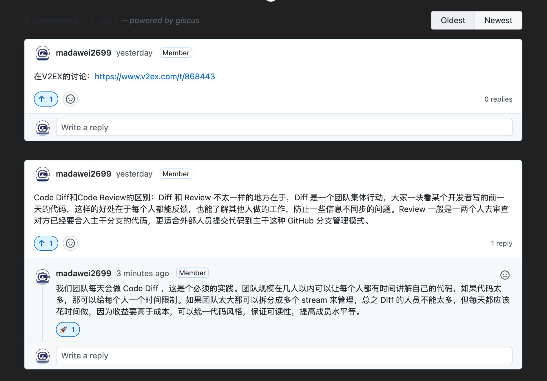 madawei on Twitter: "把博客的评论功能从 utterances 切换成了 giscus，比前者好的地方如图，可以嵌套评论了。迁移成本也很低，只需要把 GitHub ...