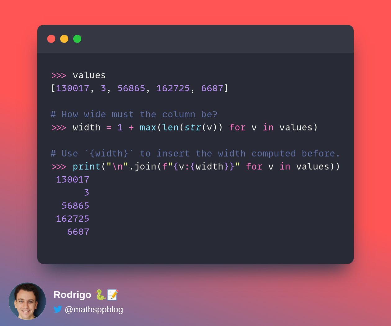 Rodrigo 🐍📝 on Twitter: "Python 🐍 f-strings can be parametrised. Did you know that? This is ...