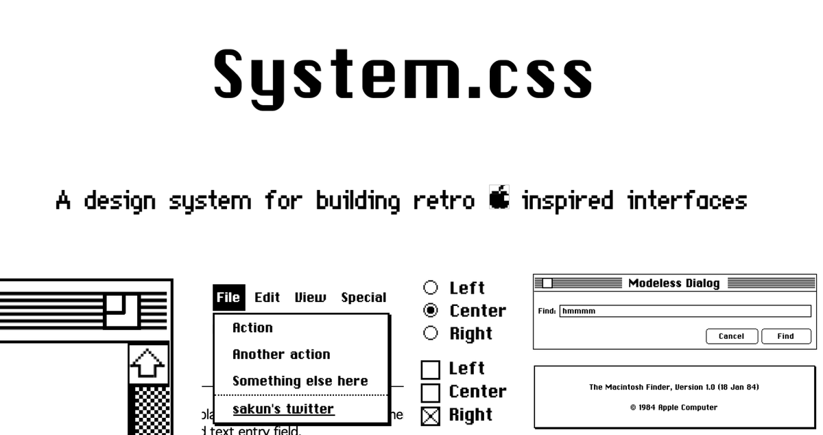 lunamoth on Twitter: "System.css: 1984~1991년 애플 시스템 OS 유사한 인터페이스 구축 위한 CSS 라이브러리 sakofchit ...