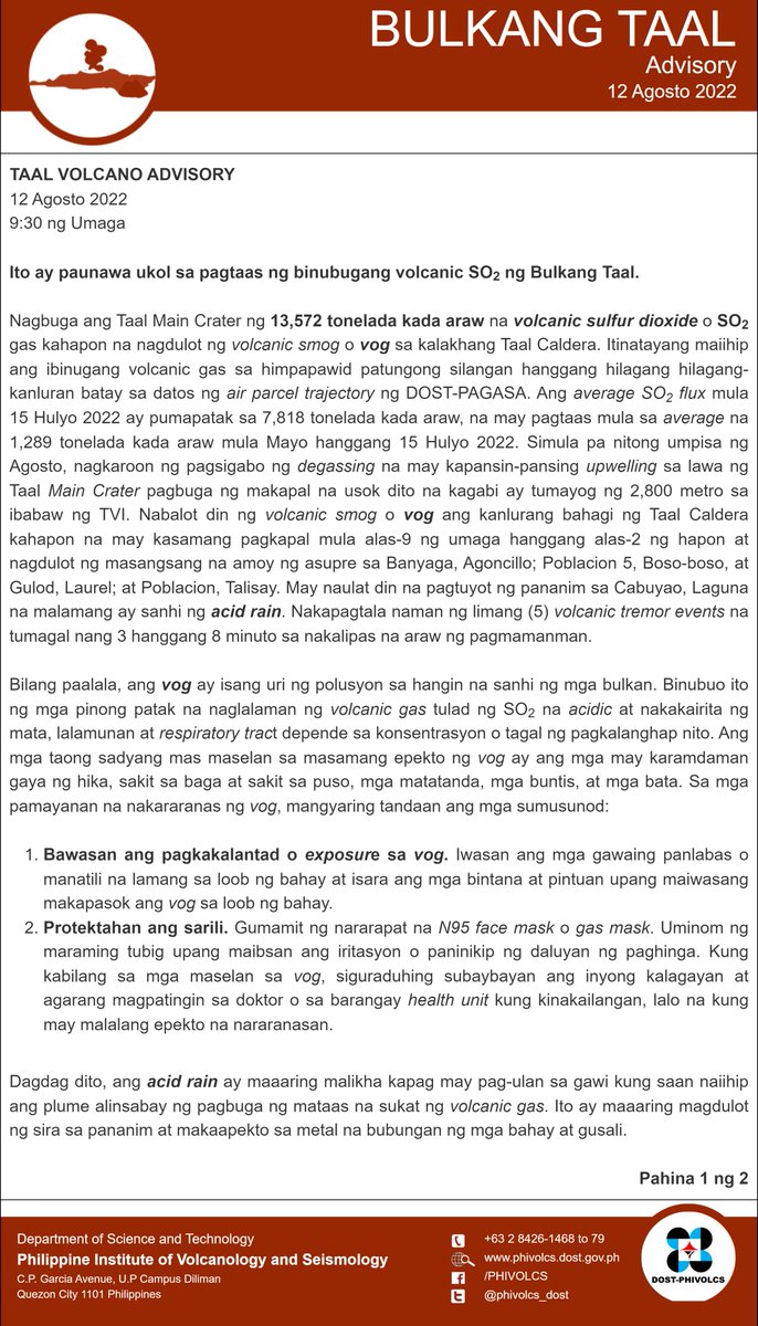 PHIVOLCS-DOST on Twitter: "TAAL VOLCANO ADVISORY 12 Agosto 2022 9:30 ng Umaga #TaalVolcano https ...