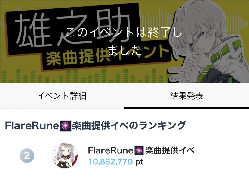 Flare Rune🎆 on Twitter: "雄之助さん楽曲提供イベ 2位獲得しました！👏 1週間、たくさんの応援嬉しかったです！ 本当に本当にありがとう😭 ふりゃ民のみんなが大好きだ ...