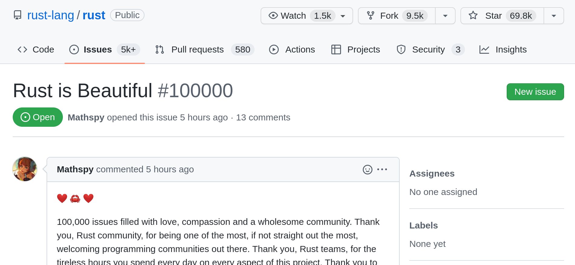 ruanyf on Twitter: "Rust 语言官方 GitHub 仓库，issue 编号超过 10 万了，还有比这更多的仓库吗？https://t.co/LA4yMsdWVd ...