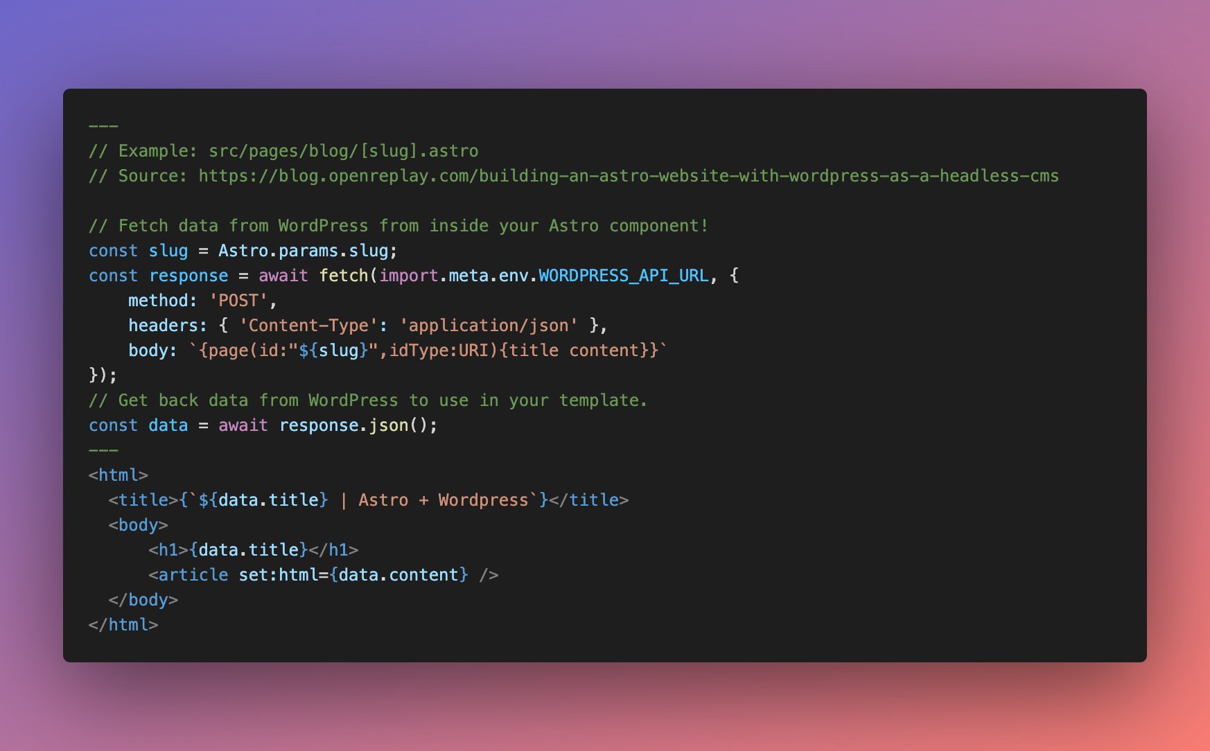 Astro on Twitter: "Astro + Wordpress in 20 lines of code https://t.co/JH4m4lhwbw" / Twitter