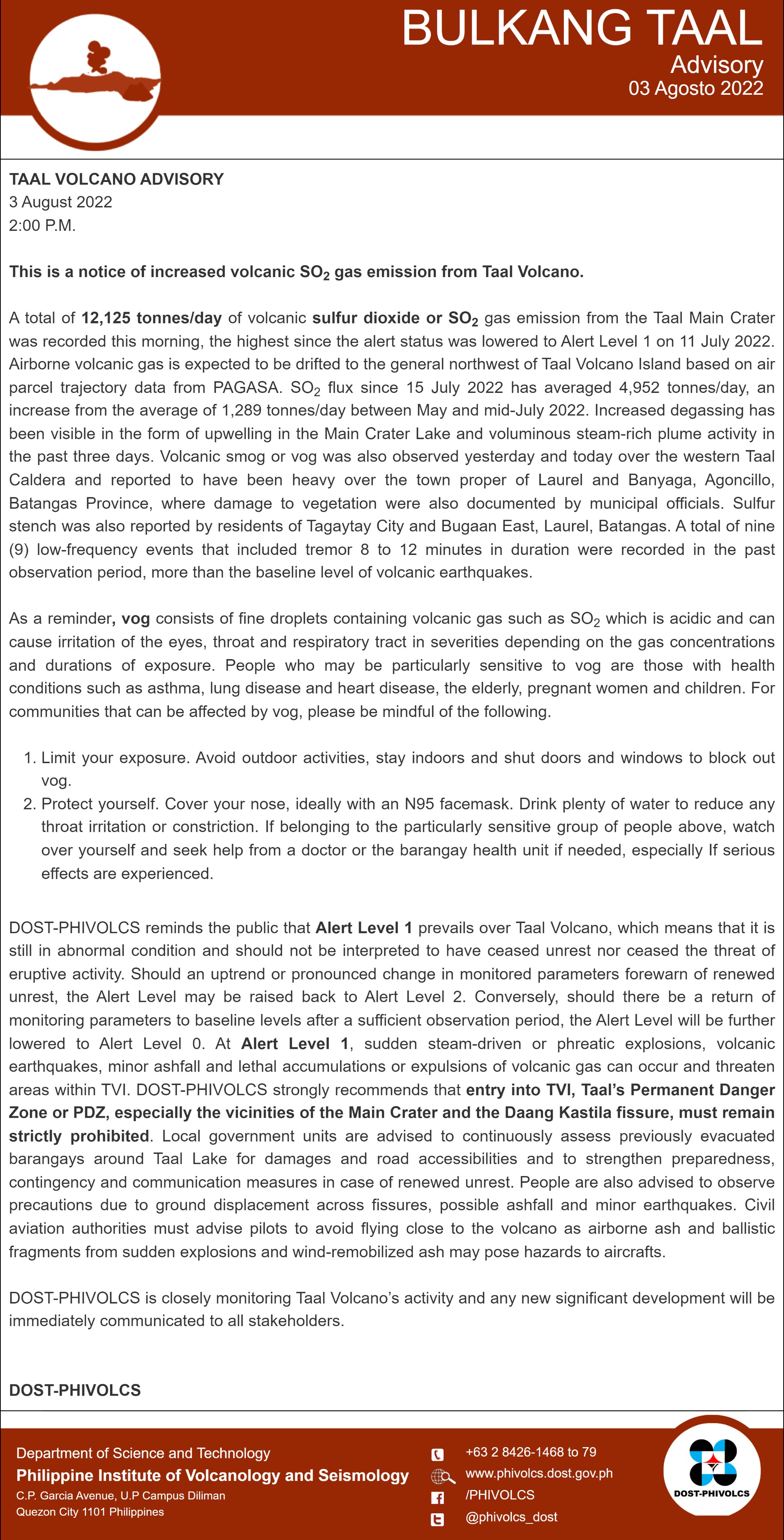 PHIVOLCS-DOST on Twitter: "TAAL VOLCANO ADVISORY 3 August 2022 2:00 P.M. This is a notice of ...