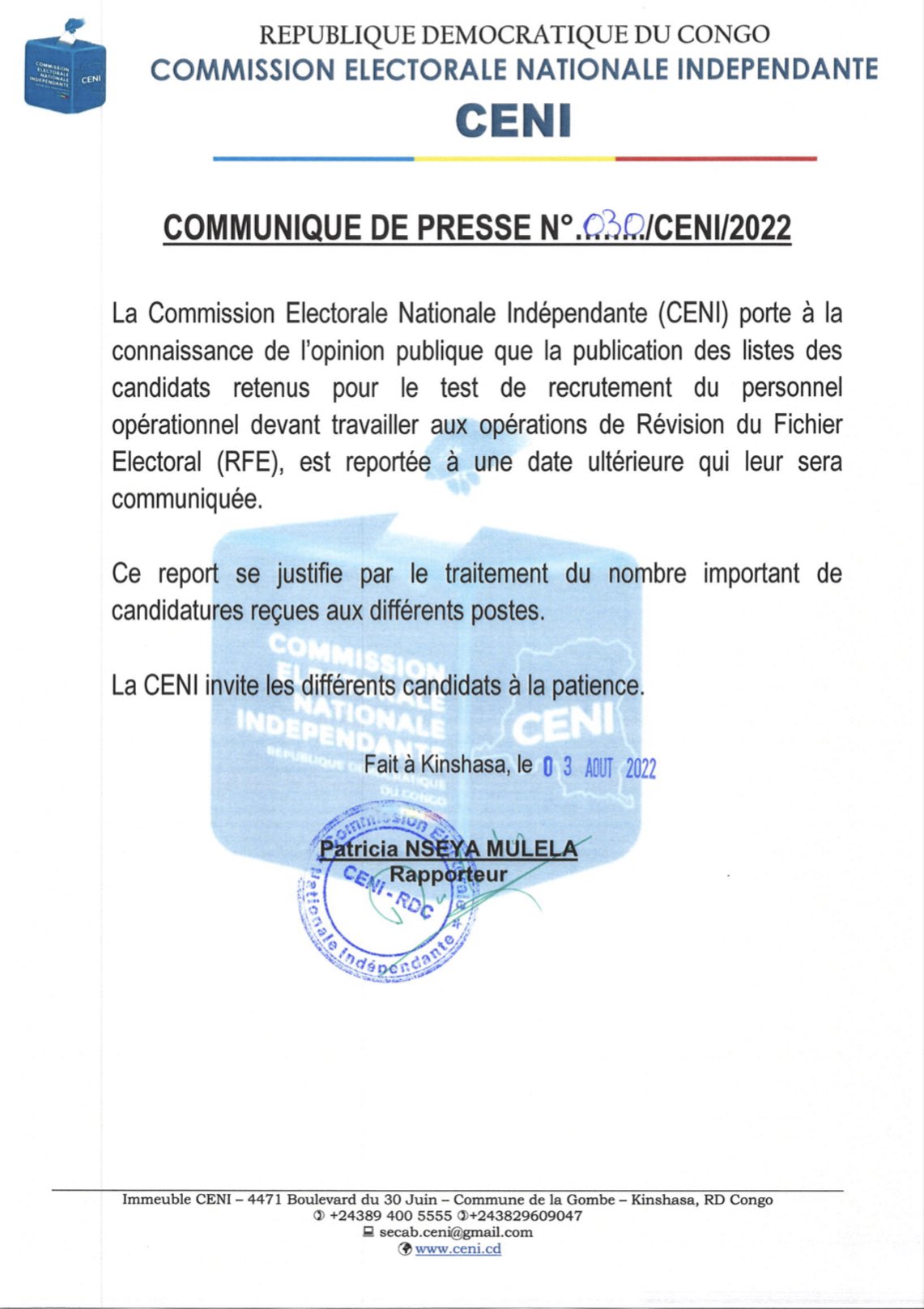 Ceni-RDC on Twitter: "🛑🛑 COMMUNIQUÉ DE PRESSE | N°030/CENI/2022 relatif au REPORT à une DATE ...